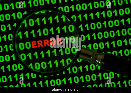 Binary code with the word "Error" viewed through a magnifying glass ...