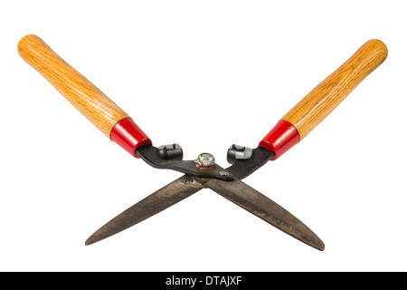 Used manual hedge clippers with black blades and wooden handles ...