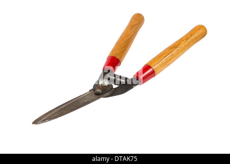Used manual hedge clippers with black blades and wooden handles ...