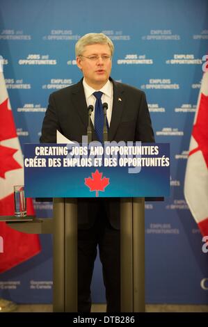 Vandorf, Canada. 13th Feb, 2014. Stephen Harper addresses the media ...
