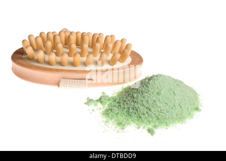 Bath anti-cellulitis spa green sea salt isolated with shells and ...