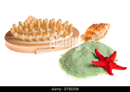 Bath anti-cellulitis spa green sea salt isolated with shells and ...