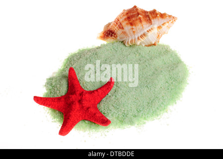 Bath anti-cellulitis spa green sea salt isolated with shells and ...