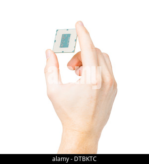 Male hand holding microprocessor on white background Stock Photo - Alamy