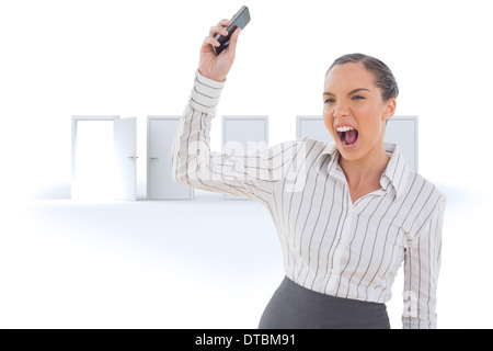 Composite image of offended businesswoman screaming and throwing her ...