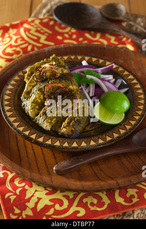 Chicken cafreal. Fried chicken in a green masala. Traditional food Goa ...