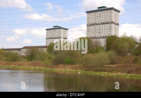 High rise flats behind the Forth and Clyde Canal at Firhill Basin in ...
