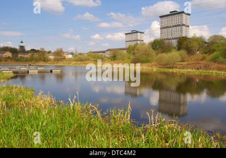 High rise flats behind the Forth and Clyde Canal at Firhill Basin in ...