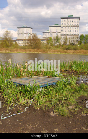 High rise flats behind the Forth and Clyde Canal at Firhill Basin in ...