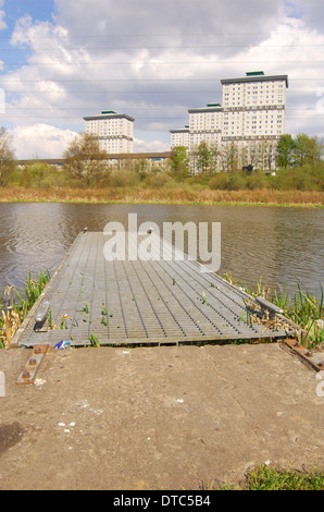 High rise flats behind the Forth and Clyde Canal at Firhill Basin in ...