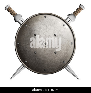 Round metal shield and swords isolated on white background. 3D ...