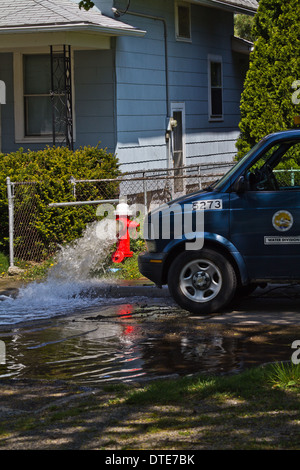 A damaged red fire hydrant spraying water at the city street municipal ...