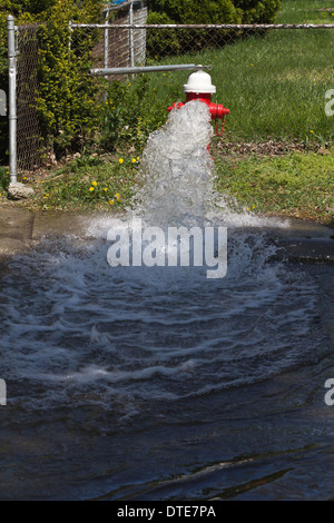 A damaged red fire hydrant spraying water at the city street and ...