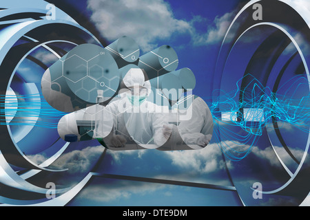 Composite image of scientist on abstract screen Stock Photo - Alamy