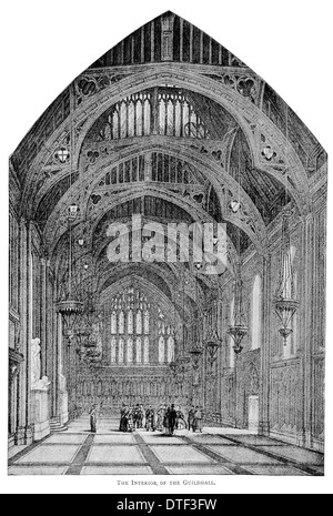 An engraving of the Interior of Guildhall, London UK scanned at high ...