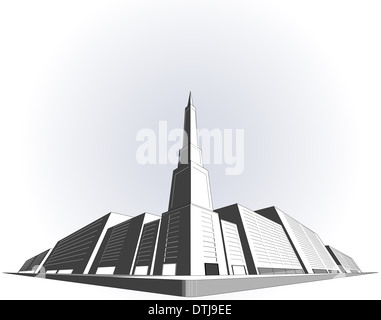 Three point perspective city block with tall spire and sidewalk and ...