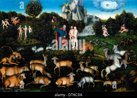 Lucas Cranach the Elder, The Garden of Eden, Adam and Eve painting, 1530 Stock Photo - Alamy