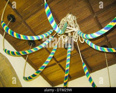 Bell ropes hanging in the bell tower of Penshurst Church Kent Stock ...