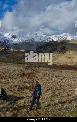 Female hill walker admiring the winter view from the summit of the ...