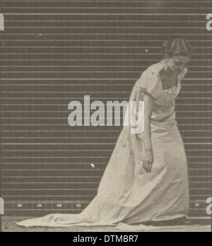 A woman in a long dress is depicted stooping and lifting a handkerchief ...