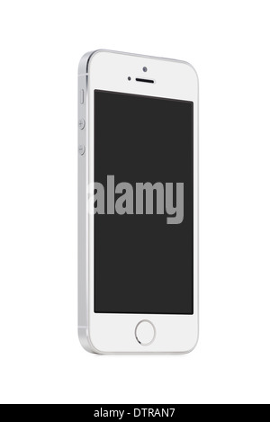 Bottom up view of rotated at a slight angle white modern mobile smart ...