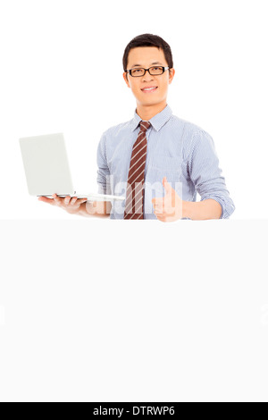 happy computer engineer thumb up with white board Stock Photo - Alamy