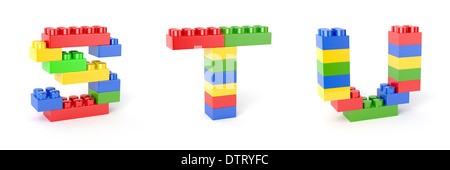3d alphabet, set of yellow letters made of bricks on a dark background ...