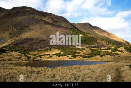 Oval lake at the foot of the mountain Stock Photo - Alamy