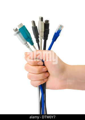 cables in hand isolated on white background. bundle of computer ...