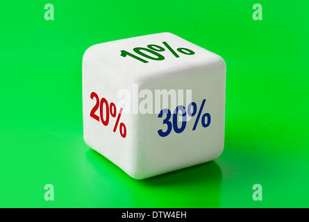 Symbol for a sale with a 20 % discount. Dice placed on coins form the ...