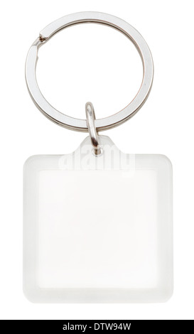 white plastic blank square keychain on ring isolated on white ...