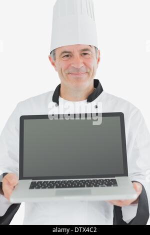 Male Chef Showing Laptop Computer Screen Standing In Kitchen, Mockup ...