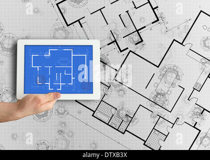 Digital tablet displaying blueprint Stock Photo - Alamy