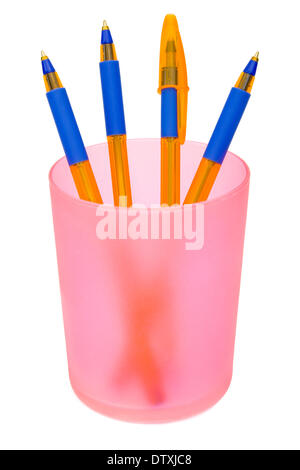 Close up of container with yellow pens and pencils with copy space on ...