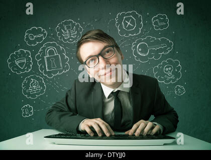 Young nerd hacker with virus and hacking thoughts Stock Photo - Alamy