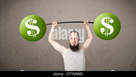 skinny guy lifting green dollar sign weights Stock Photo - Alamy