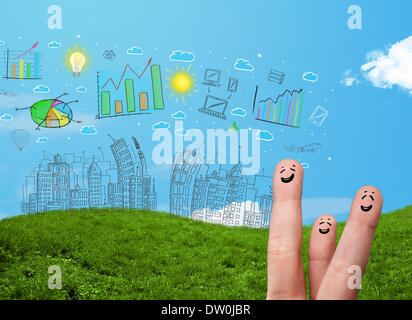 Happy smiley fingers looking at hand drawn urban city landscape Stock ...