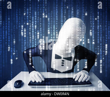 Hacker in body mask decoding information from futuristic network ...