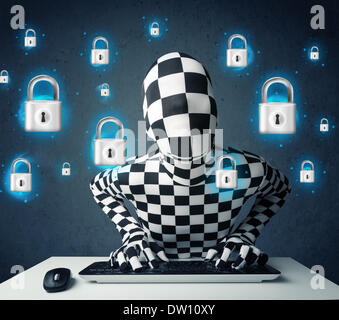 Hacker in disguise with virtual lock symbols and icons Stock Photo - Alamy