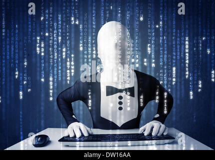 Hacker in body mask decoding information from futuristic network ...