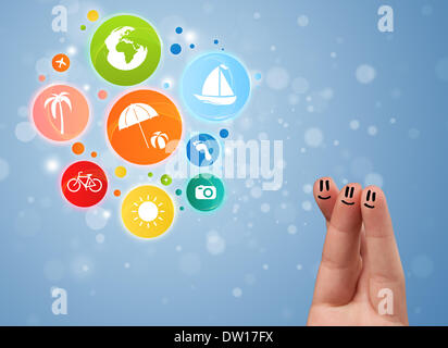 Cheerful finger smileys with colorful holiday travel bubble icons Stock ...