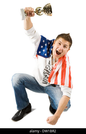 Medal gold for USA. Winner prize award with ribbon on US flag ...