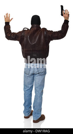 Criminal terrorist with hands up isolated on white background Stock ...