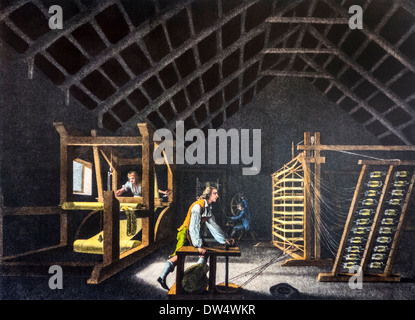 Old archival eighteenth century drawing of laborers operating machinery ...