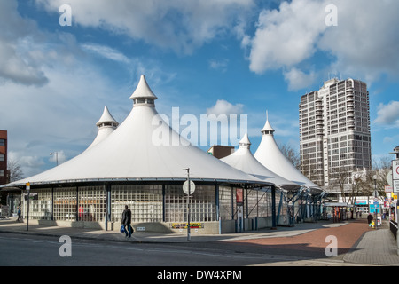 The David Murray John building and tented market in Swindon town centre ...