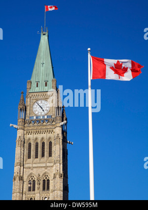Peace Tower clock Canadian flag Parliament Buildings Ottawa Canada ...