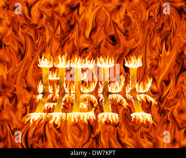Word hell in flames, with reflection, on fiery red and orange ...