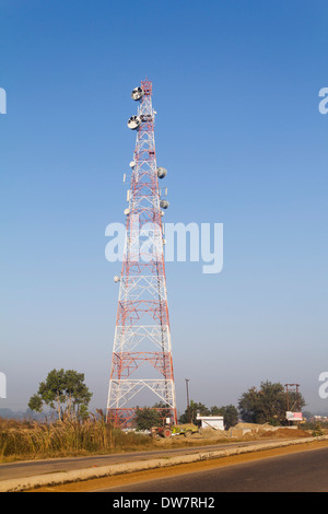A low angle view of GPS radio communication lattice steel towers and ...