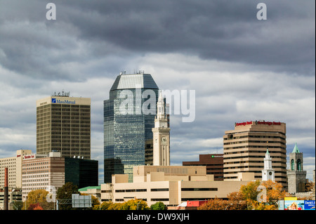 The downtown city skyline and buildings of Springfield MO under partly ...