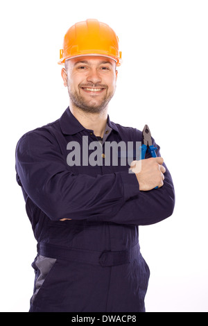 portrait of the builder with visiting card on a white background Stock ...